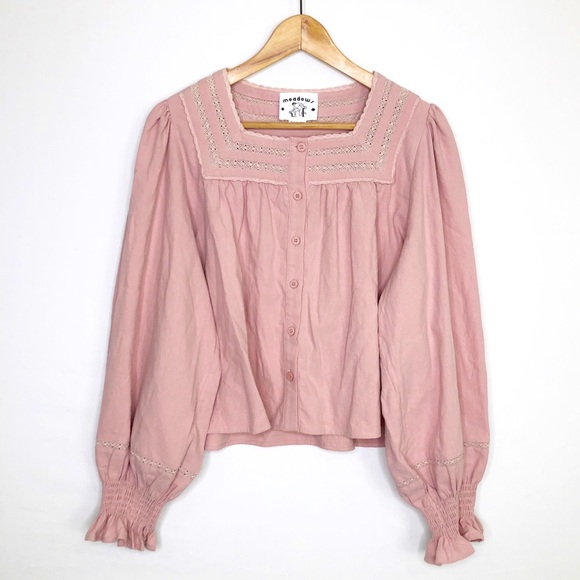 Meadows | Tops | Meadows Maltese Blush Pink Button Down Puff Sleeve ...